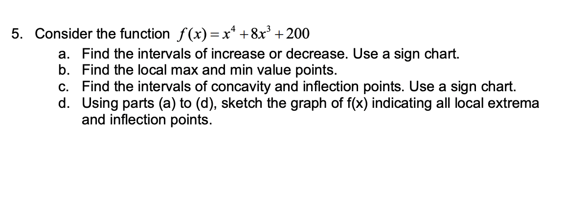 Solved 5. Consider the function f(x)= x+ +8x? + 200 a. Find | Chegg.com