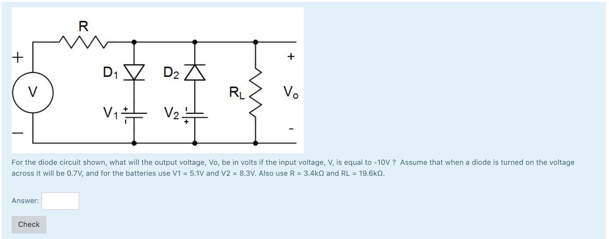 Solved K + + C1 D2 V D1 V C2 Vo For the diode circuit shown, | Chegg.com