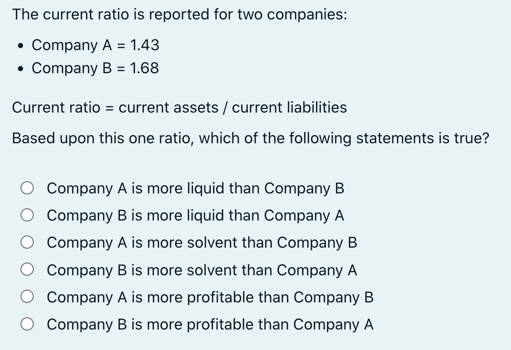 Solved The current ratio is reported for two companies: = | Chegg.com