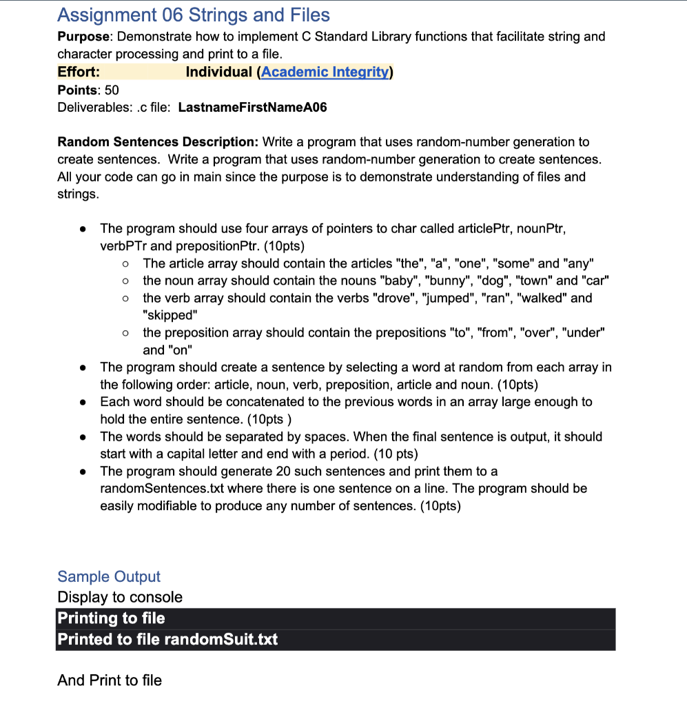 Assignment 06 Strings and Files Purpose: Demonstrate | Chegg.com