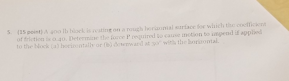 Solved 5. (15 point) A 400 lb block is resting on a rough | Chegg.com