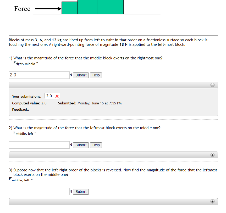 Solved Force Blocks of mass 3, 6, and 12 kg are lined up | Chegg.com