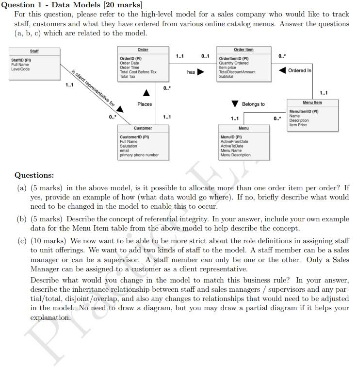 Solved Question 1 - Data Models [20 marks] For this | Chegg.com