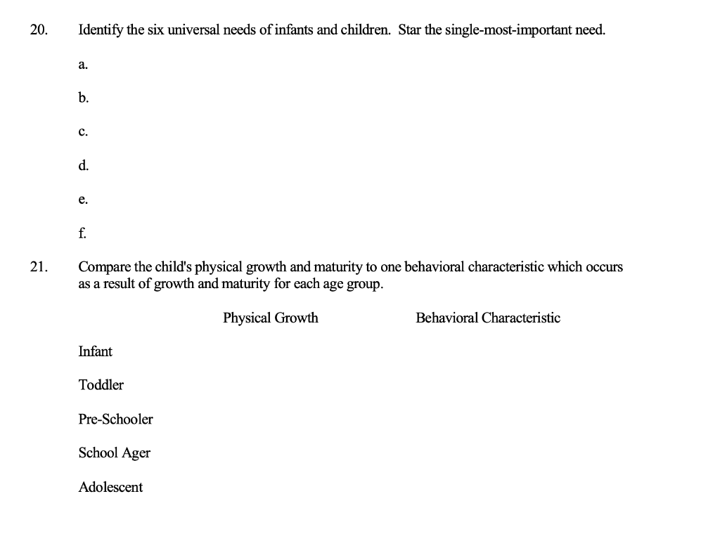 Solved 20. Identify the six universal needs of infants and | Chegg.com