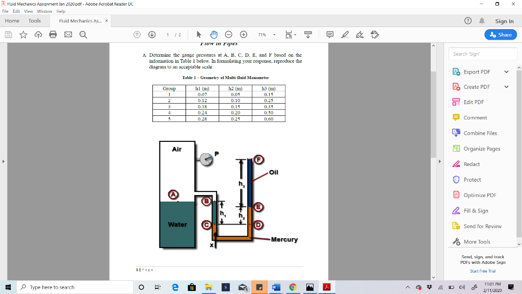 Solved Fluid Mechanics Assignment Jon 2020 pdf - Adobe | Chegg.com