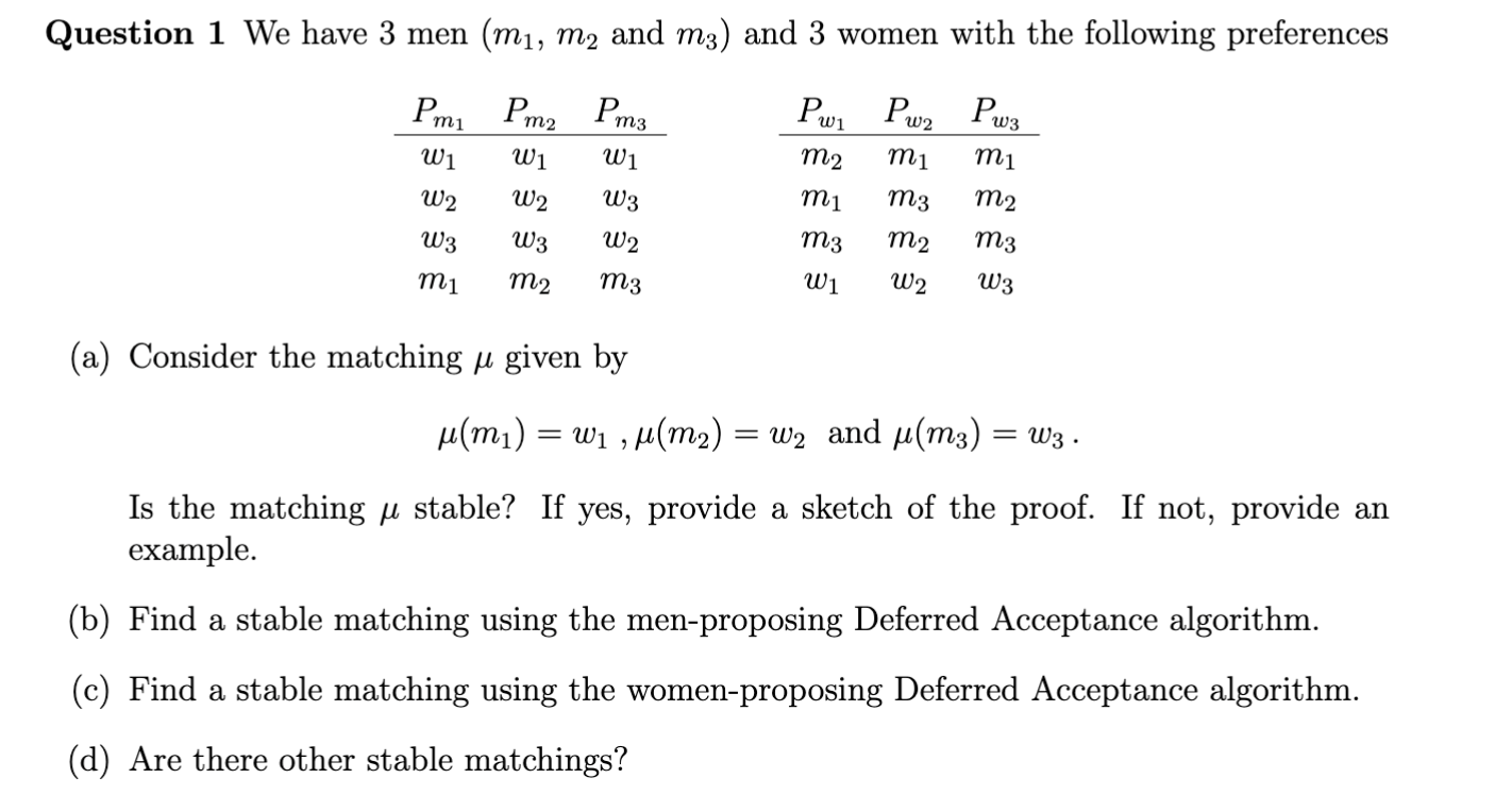 Solved Question 1 We have 3 men (m1,m2 and m3) and 3 women | Chegg.com