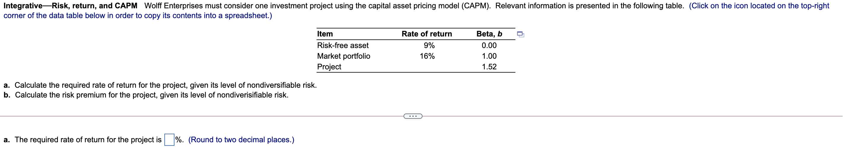 Solved Integrative Risk, return, and CAPM Wolff Enterprises | Chegg.com
