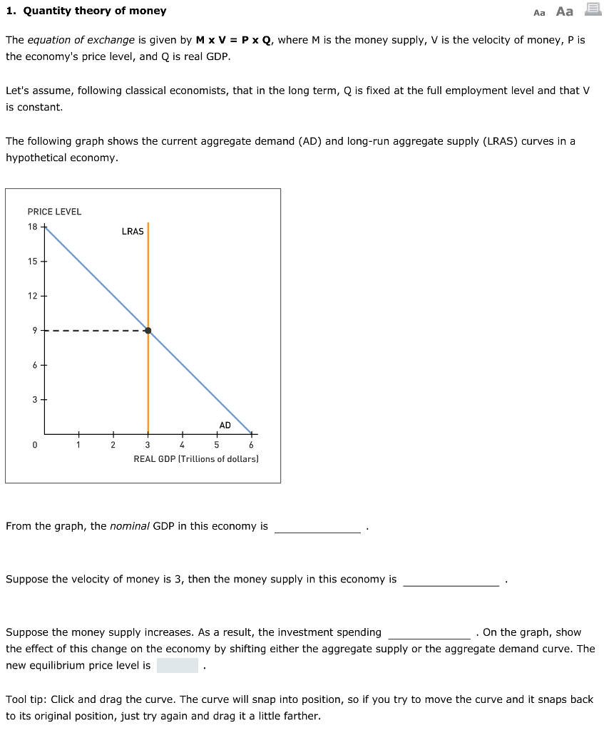 Solved 1. Quantity theory of money Aa Aa The equation of | Chegg.com