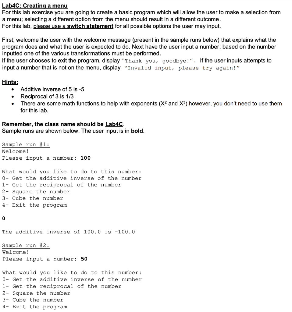 Solved Lab4C: Creating a menu For this lab exercise you are | Chegg.com