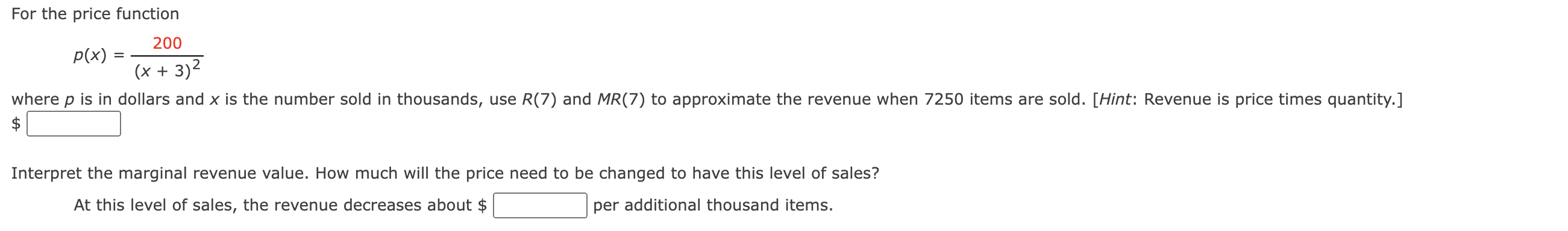 Solved For the price function p(x)=(x+3)2200 $ Interpret the | Chegg.com