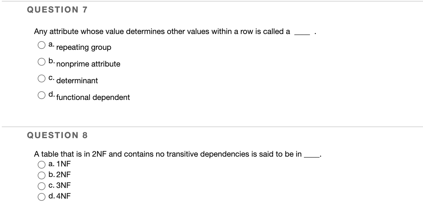 Solved QUESTION 7 Any attribute whose value determines other | Chegg.com