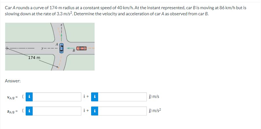 Solved Car A rounds a curve of 174−m radius at a constant | Chegg.com
