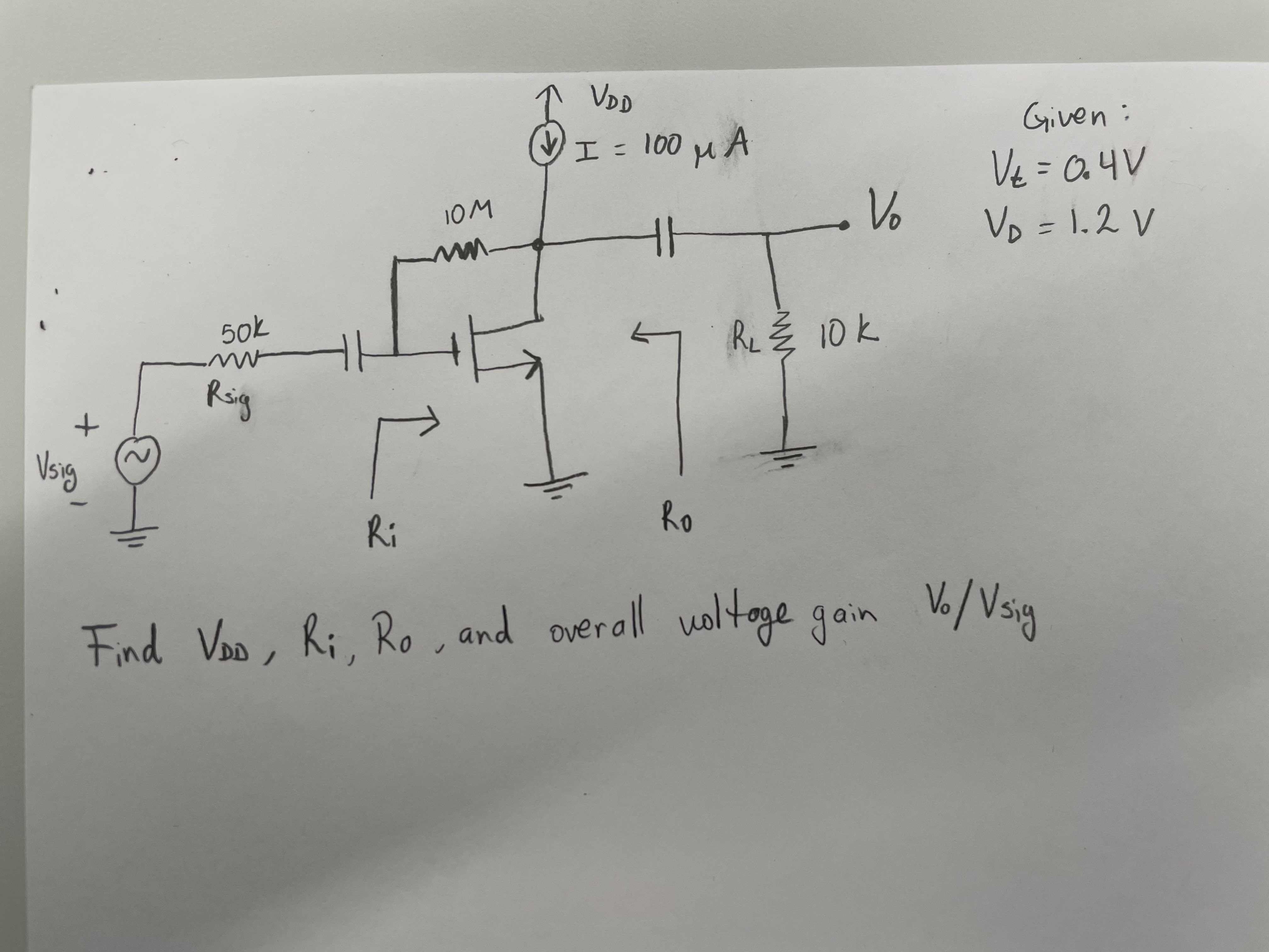 Solved Find VDD,Ri,R0, ﻿and overall voltage gain V0Vsig | Chegg.com