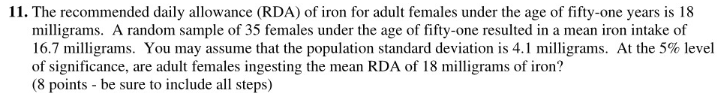 Solved 11. The recommended daily allowance (RDA) of iron for | Chegg.com