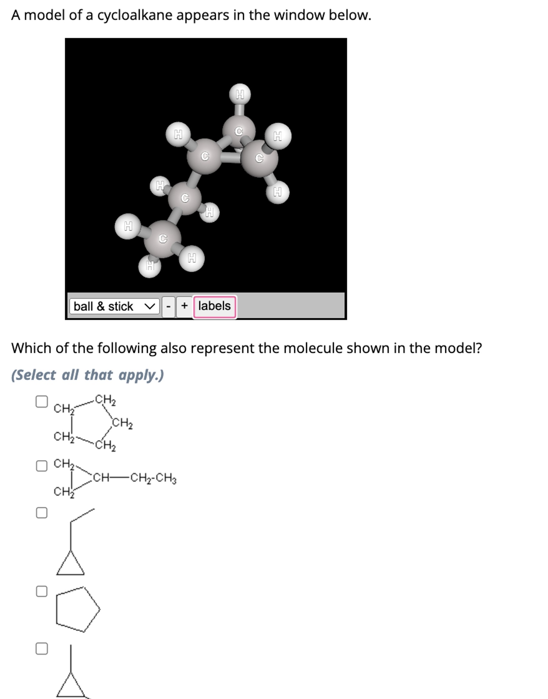 Solved A model of a cycloalkane appears in the window | Chegg.com
