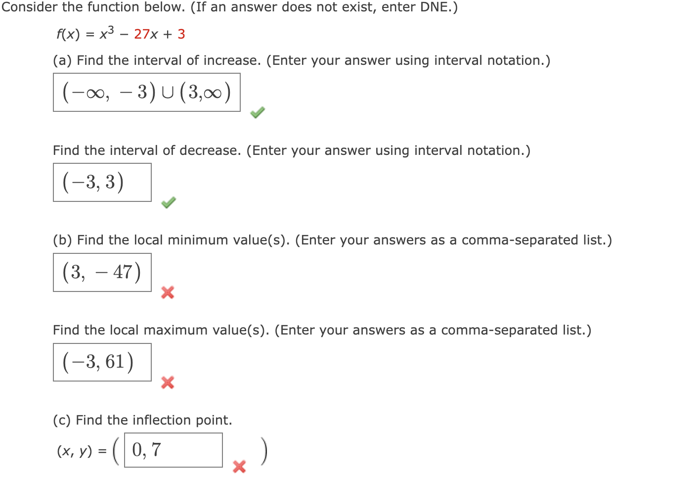 Solved f(x)=x3−27x+3 (a) Find the interval of increase. | Chegg.com