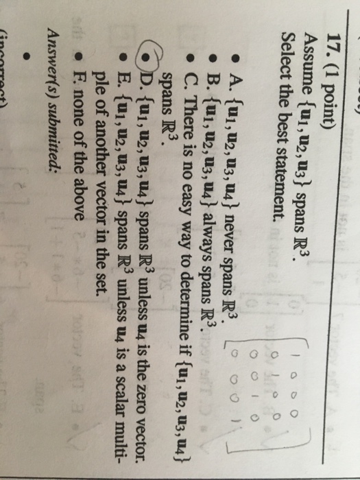Solved 17. (1 point) Assume {u, u2,U3} spans R3. Select the | Chegg.com