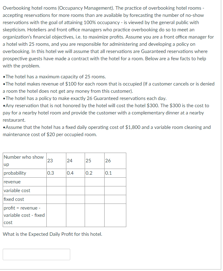 Solved Overbooking hotel rooms (Occupancy Management). The | Chegg.com