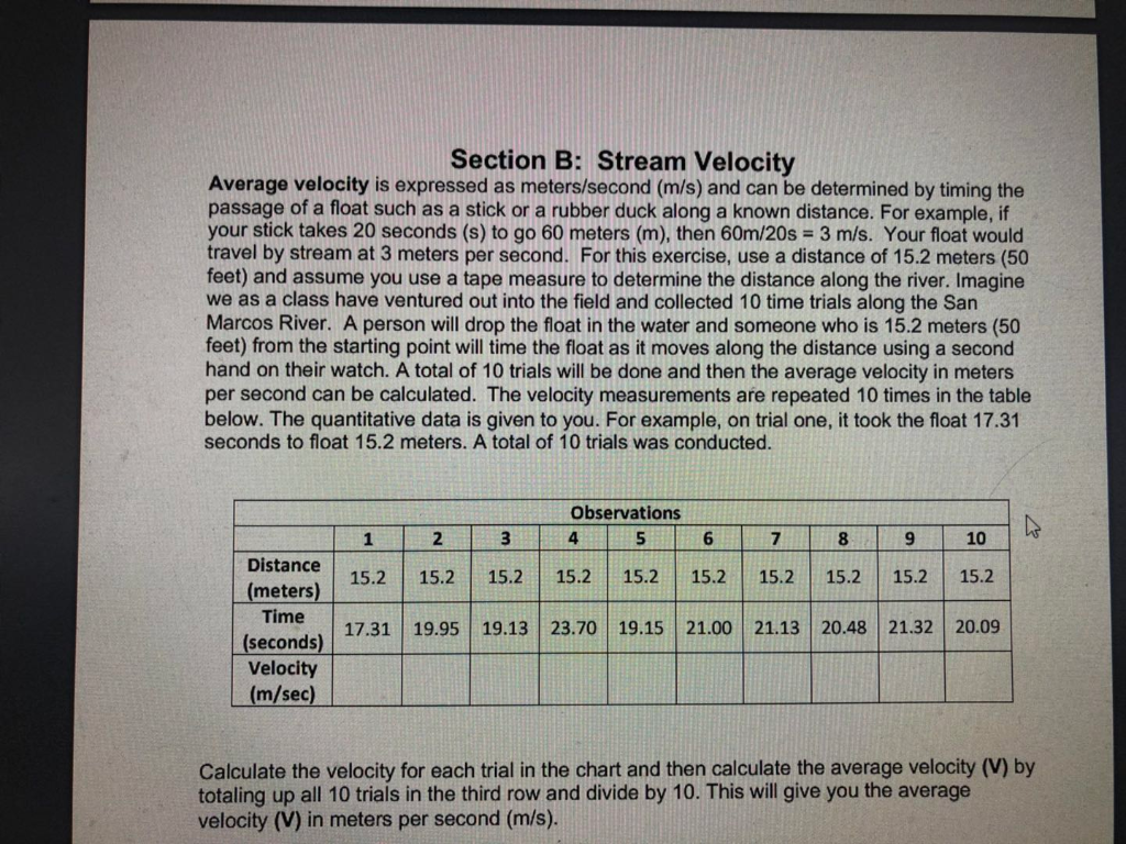 Solved Section B: Stream Velocity Average velocity is | Chegg.com