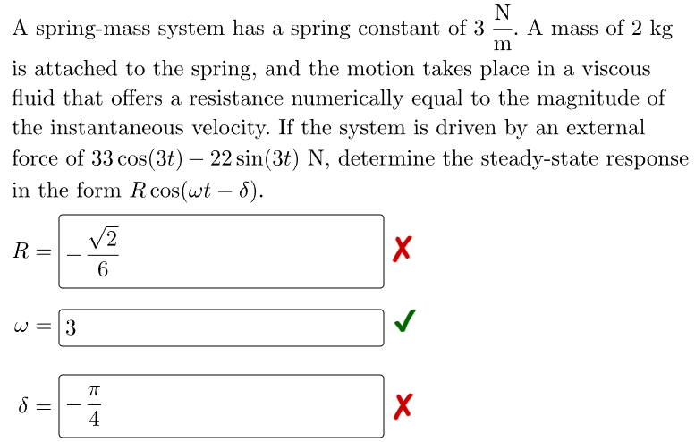 Solved A Spring Mass System Has A Spring Constant Of 3 N M