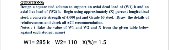Solved QUESTIONS: Design a square tied column to support an | Chegg.com