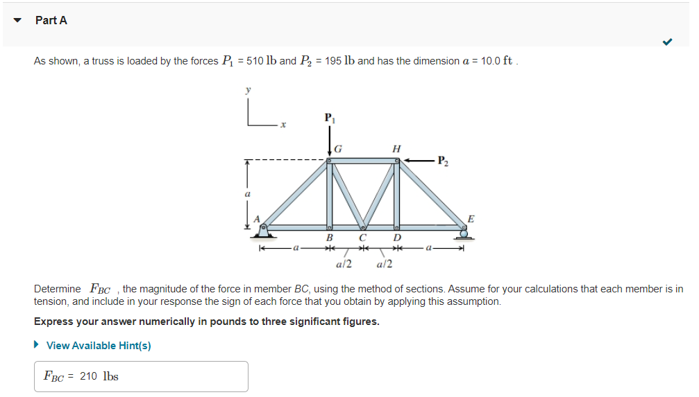 Solved As shown, a truss is loaded by the forces P1=510lb | Chegg.com