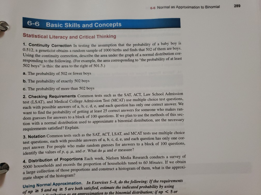 Solved 6.6 Normal as Approximation to Binomial 289 6-6 Basic | Chegg.com