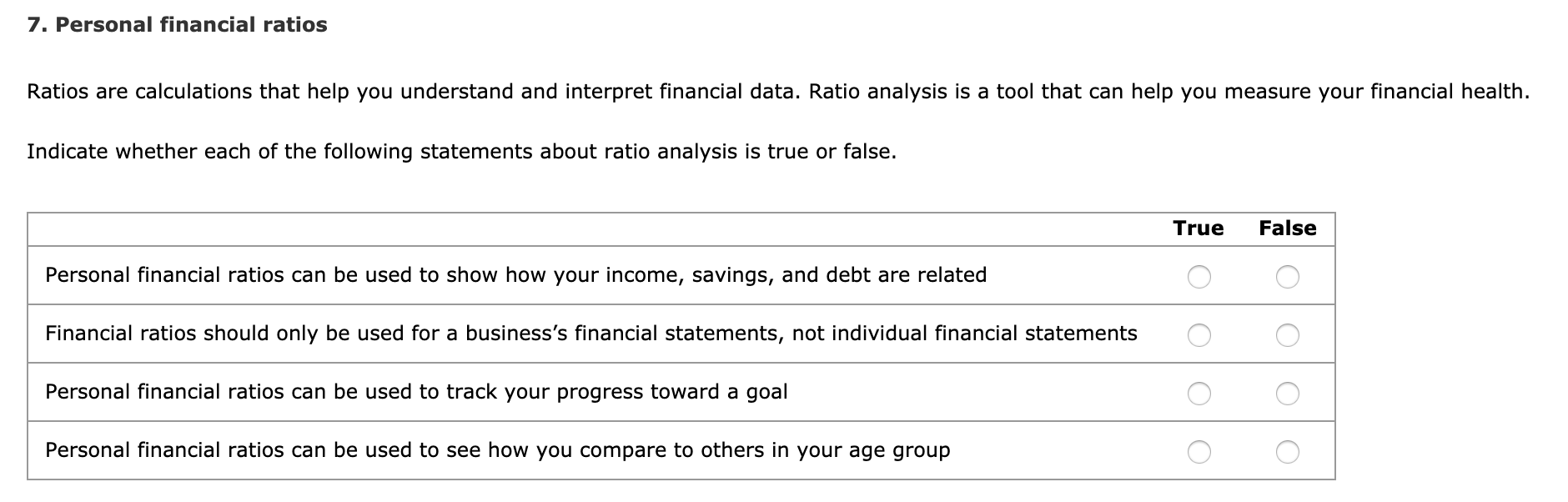 Solved 7. Personal financial ratios Ratios are calculations | Chegg.com