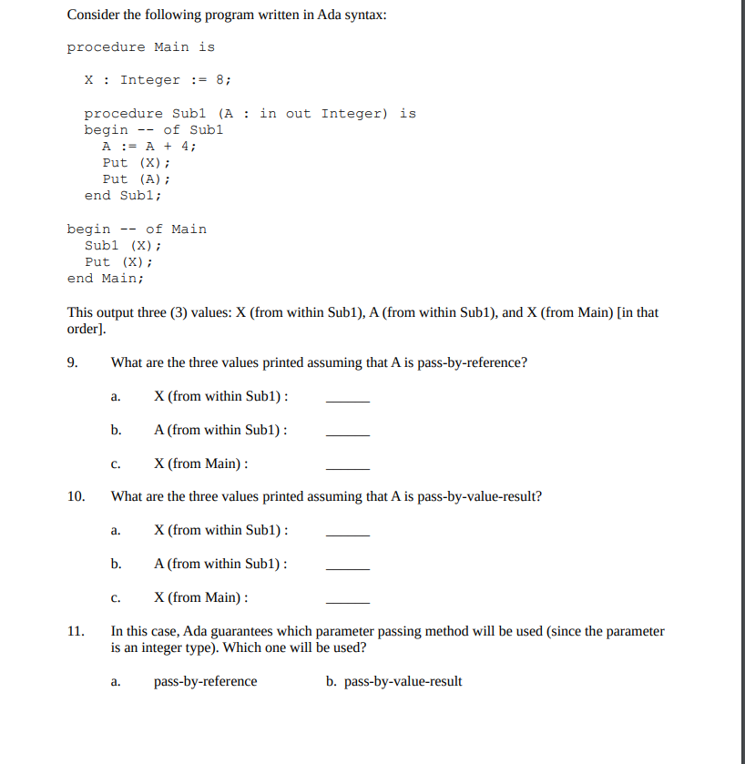 Consider the following program written in Ada syntax: | Chegg.com