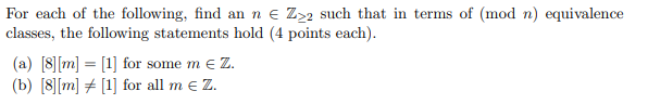 Solved For each of the following, find an n e Z>2 such that | Chegg.com