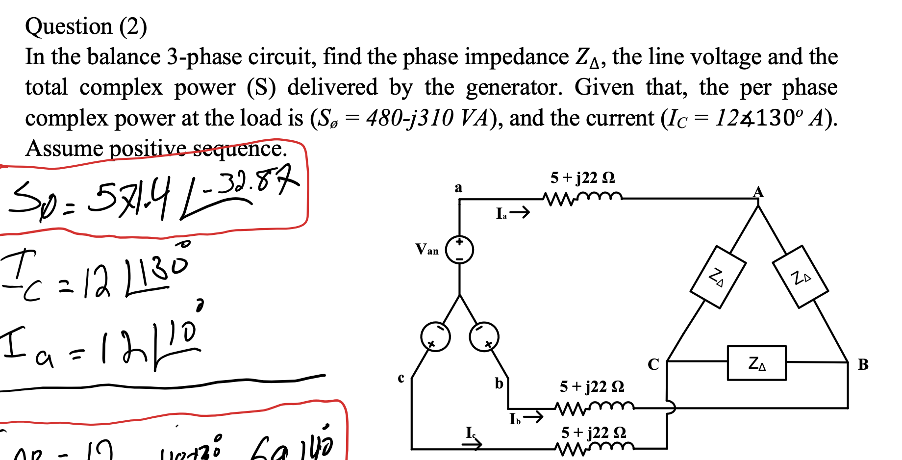 Solved Question (2) In the balance 3-phase circuit, find the | Chegg.com