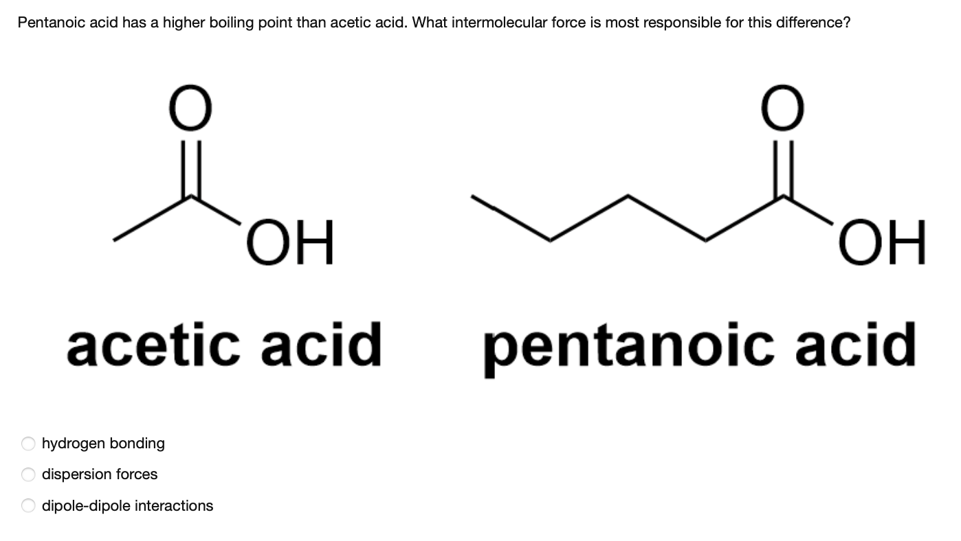Solved Pentanoic acid has a higher boiling point than acetic | Chegg.com