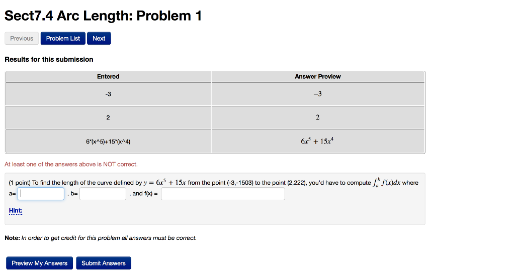 Solved Sect7.4 Arc Length: Problem 1 Problem List Previous | Chegg.com