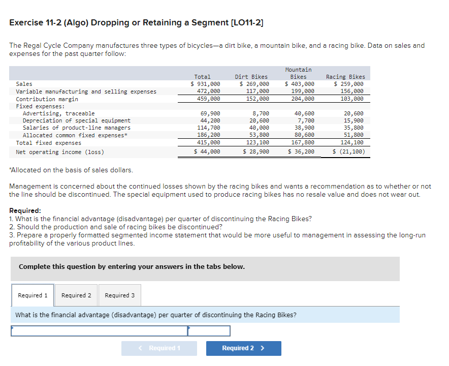 Solved Exercise 11-2 (Algo) Dropping or Retaining a Segment | Chegg.com
