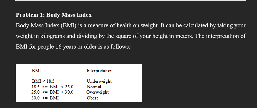 Solved Problem 1: Body Mass Index Body Mass Index (BMI) is a | Chegg.com