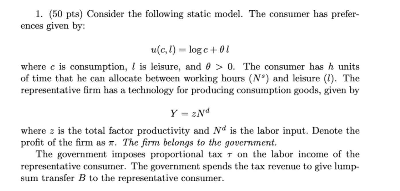 Solved 1. (50 pts) Consider the following static model. The | Chegg.com