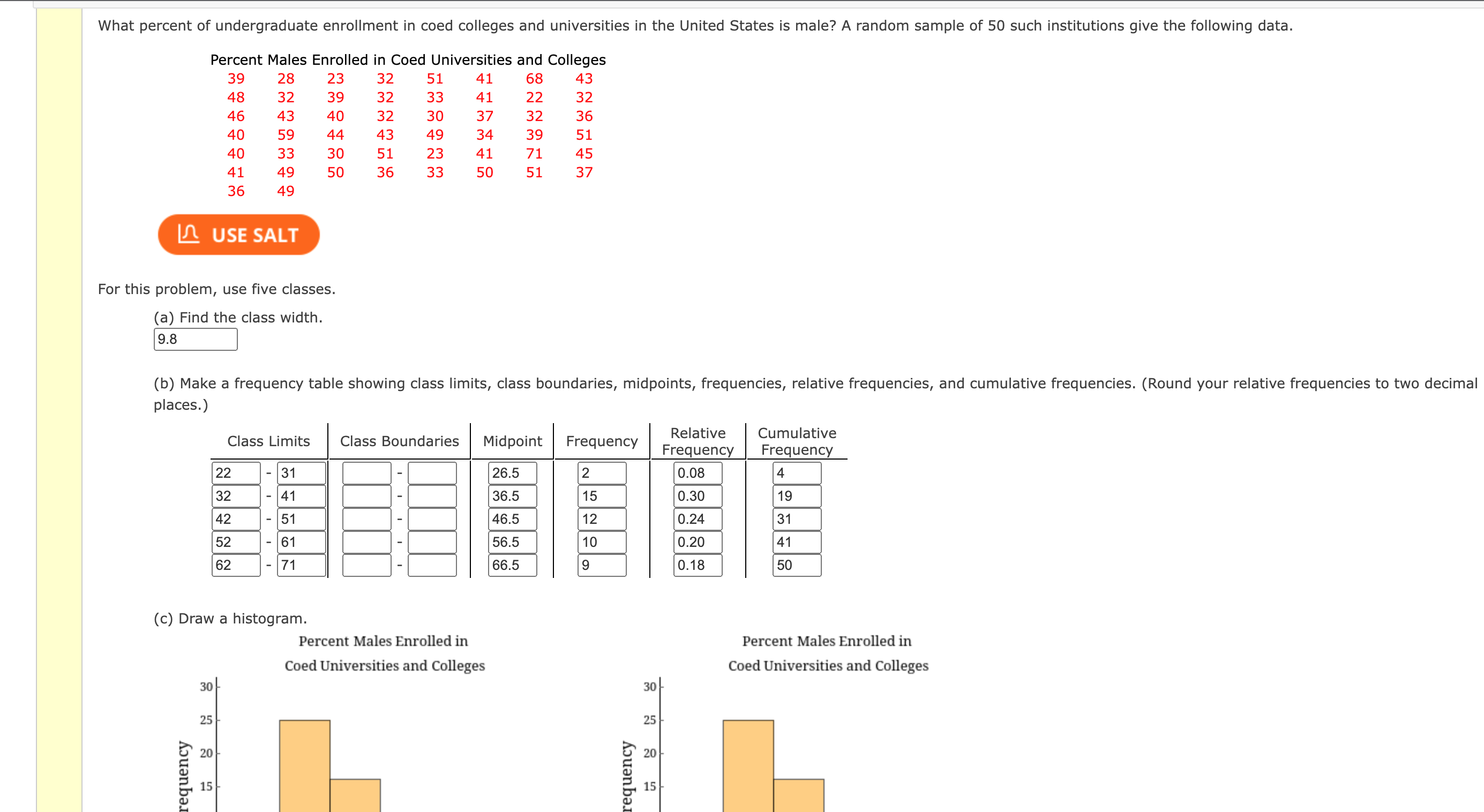 or this problem, use five classes. (a) Find the class | Chegg.com