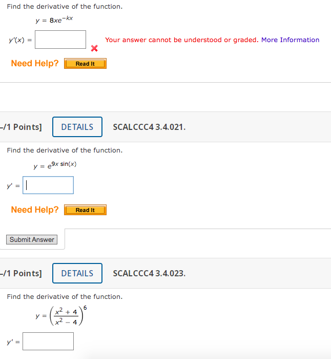 Solved Find the derivative of the function. y=8xe−kx y′(x)= | Chegg.com