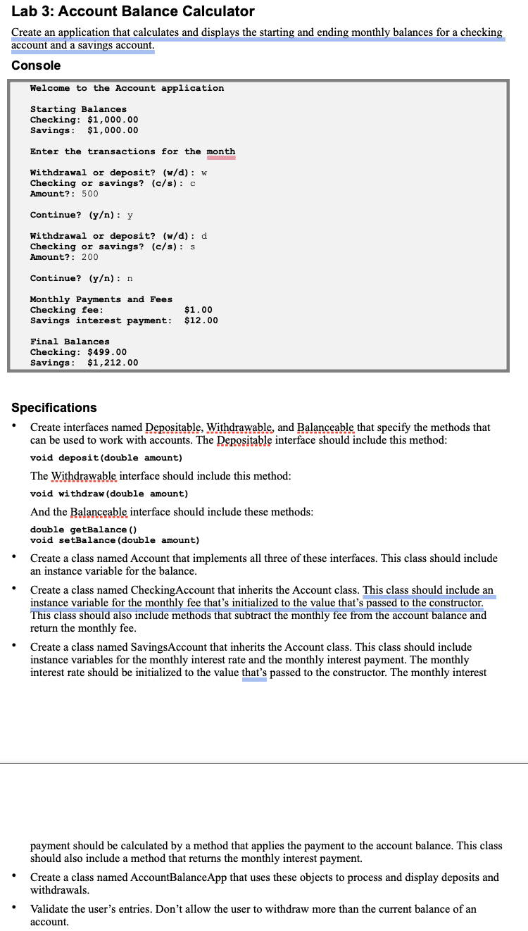 Solved Lab 3: Account Balance Calculator Create an | Chegg.com