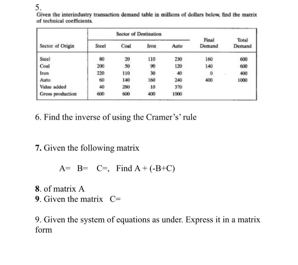 Solved 5. Given the interindustry transaction demand table | Chegg.com