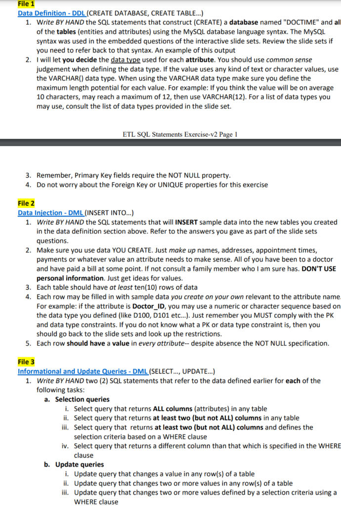 Solved File 1 Data Definition - DDL (CREATE DATABASE, CREATE | Chegg.com