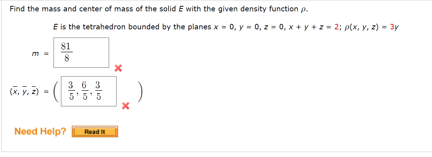 Solved Find the mass and center of mass of the solid E with | Chegg.com