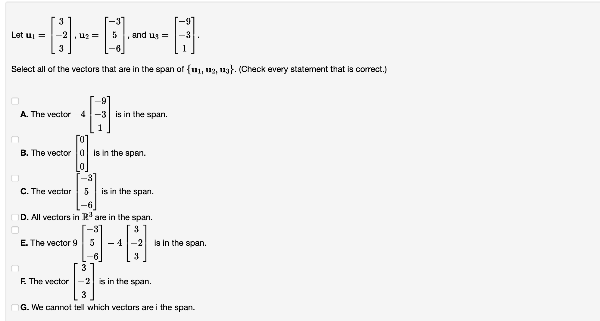 Solved Let u1=⎣⎡3−23⎦⎤,u2=⎣⎡−35−6⎦⎤, and u3=⎣⎡−9−31⎦⎤ Select | Chegg.com