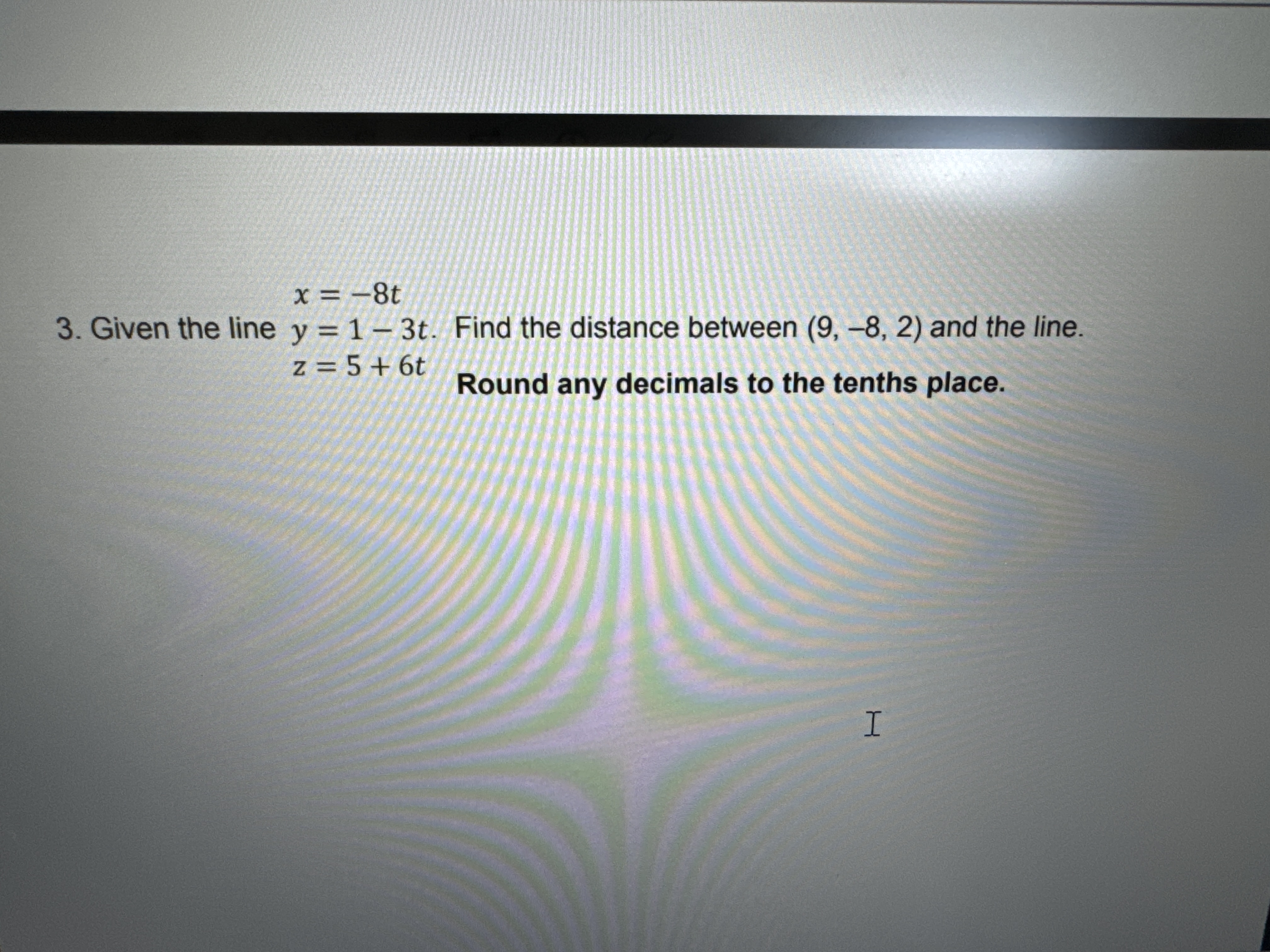 Solved x=-8tGiven the line y=1-3t. ﻿Find the distance | Chegg.com