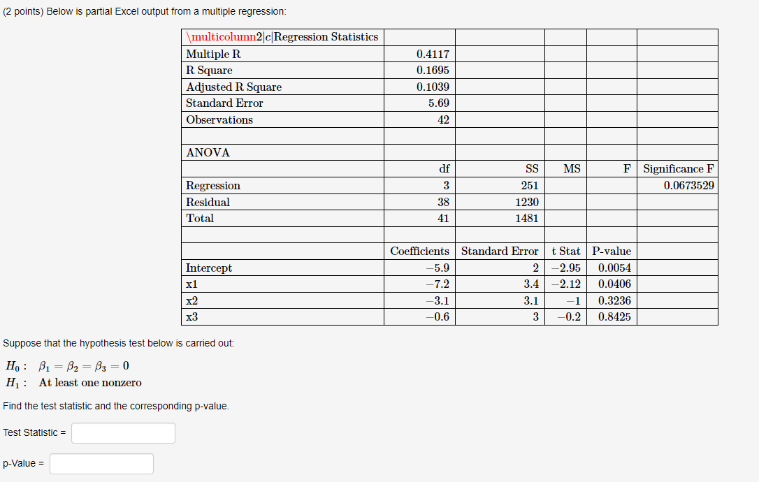 Solved (2 points) Below is partial Excel output from a | Chegg.com
