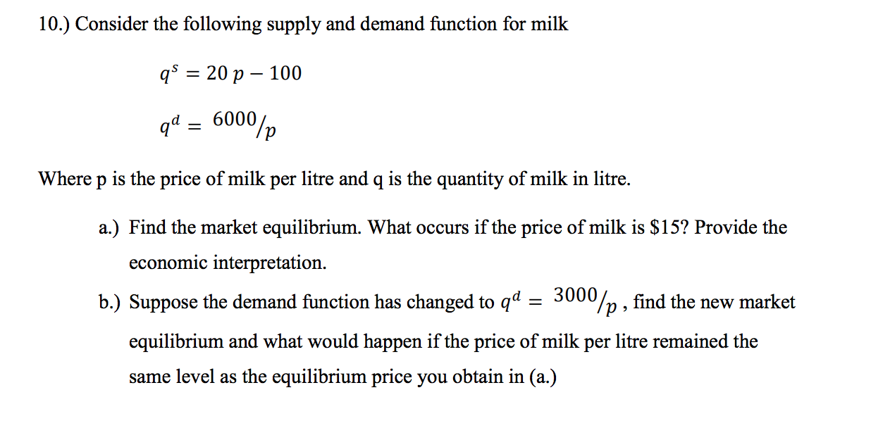 Solved 10.) Consider the following supply and demand | Chegg.com