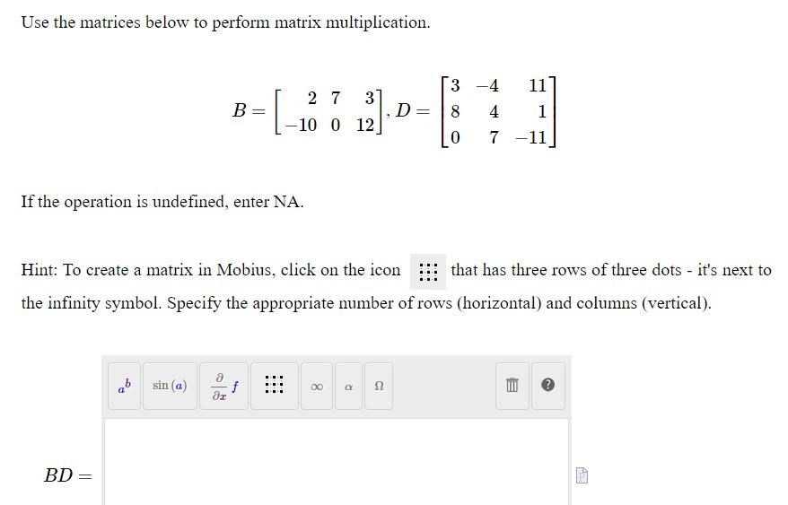 Solved Use the matrices below to perform matrix | Chegg.com