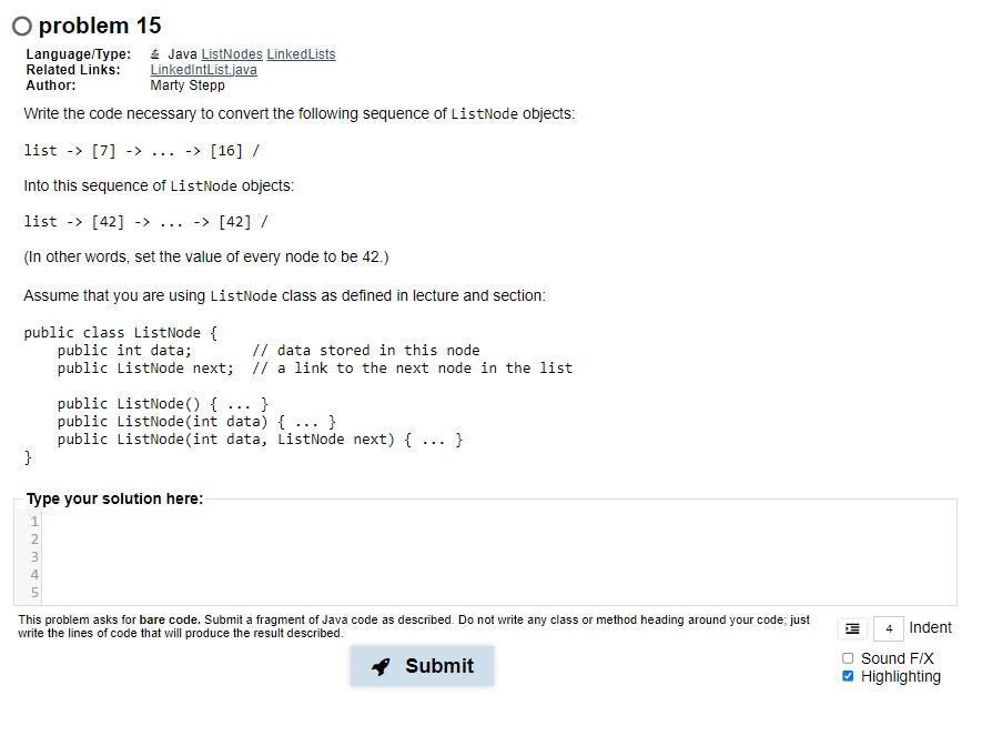 Solved problem 15 Language/Type: \& Java ListNodes | Chegg.com