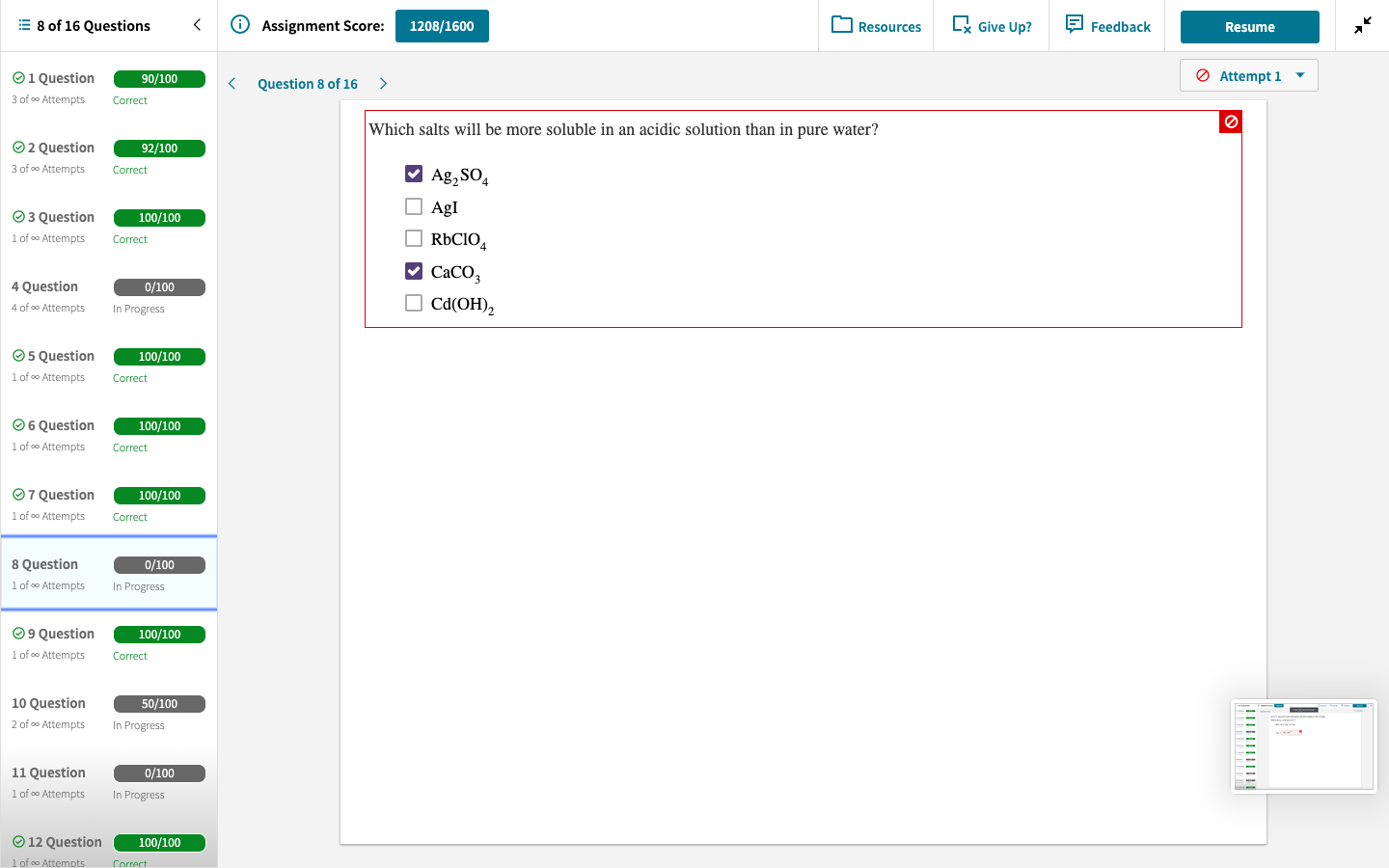 Solved Assignment Score: 1208/1600 Resources [ Give Up? | Chegg.com