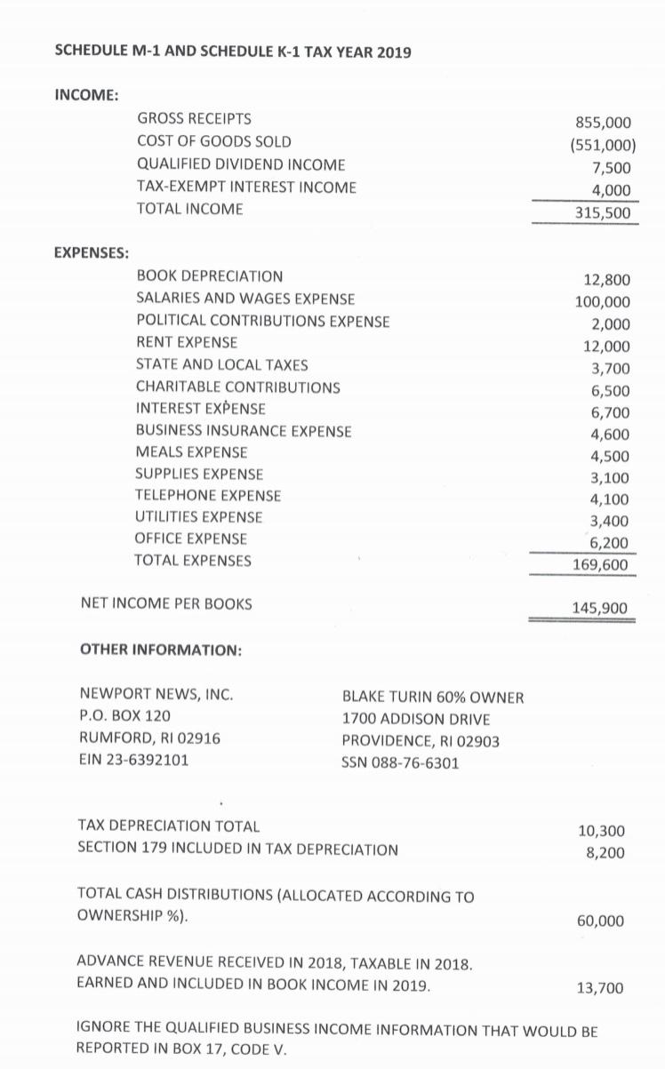Prepare Schedules M-1 and K-1 (for Blake Turin only) | Chegg.com